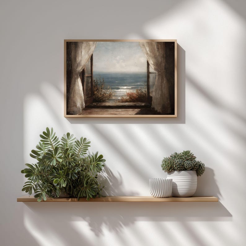 Vintage Ocean View Oil Painting, Window Seascape Art, Romantic ...