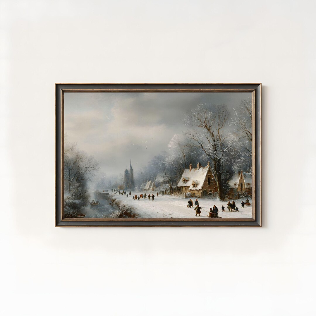 Dutch Winter Scene Print, Vintage Canal Village Oil Painting (digital ...