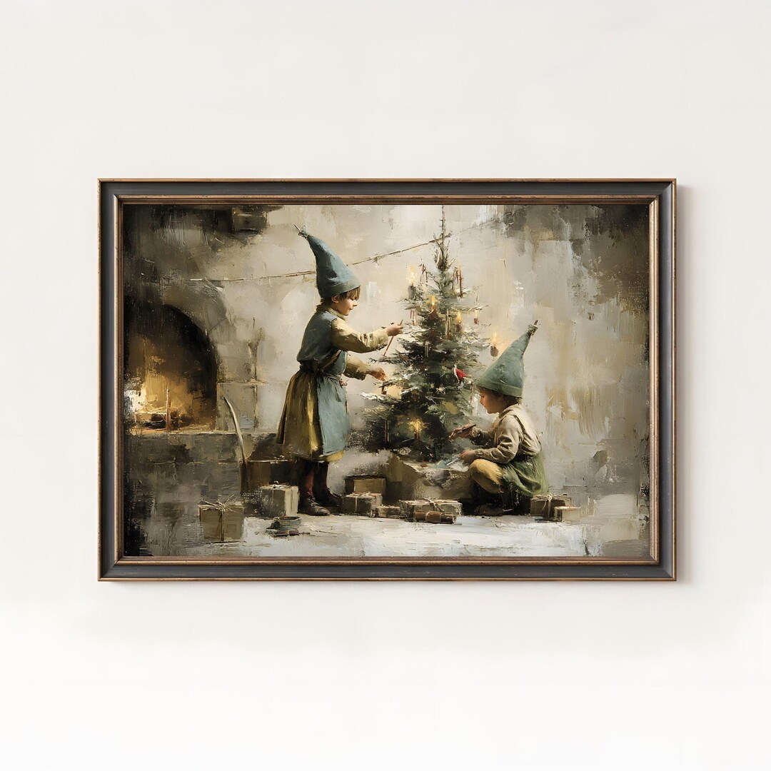 Vintage Christmas Elves Oil Painting Print, Nostalgic Cottagecore Decor ...