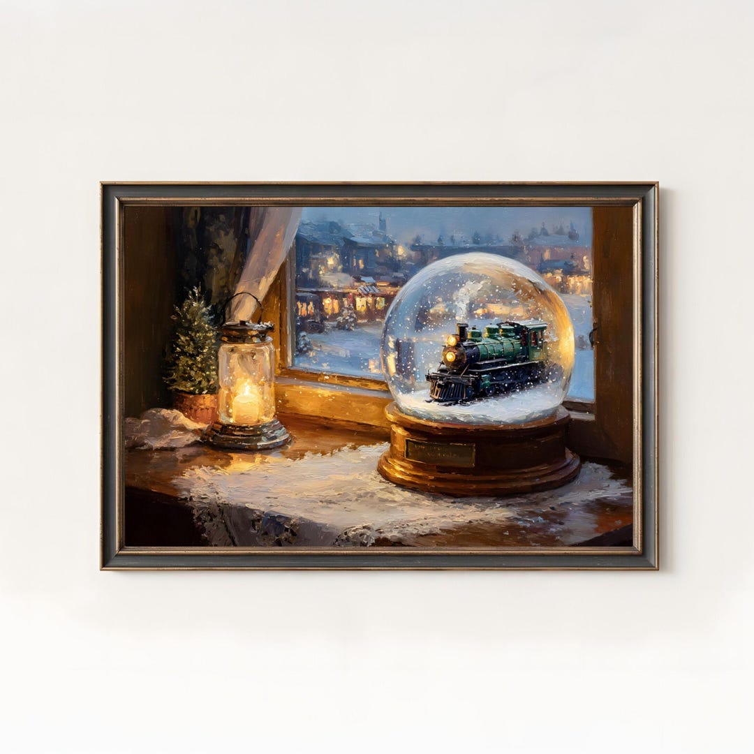 Vintage Christmas Snow Globe Train Oil Painting Art Print, Holiday ...