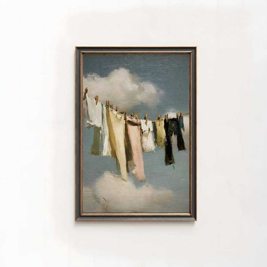 Laundry on the Line Oil Painting Print, Nostalgic Farmhouse Wall Art ...