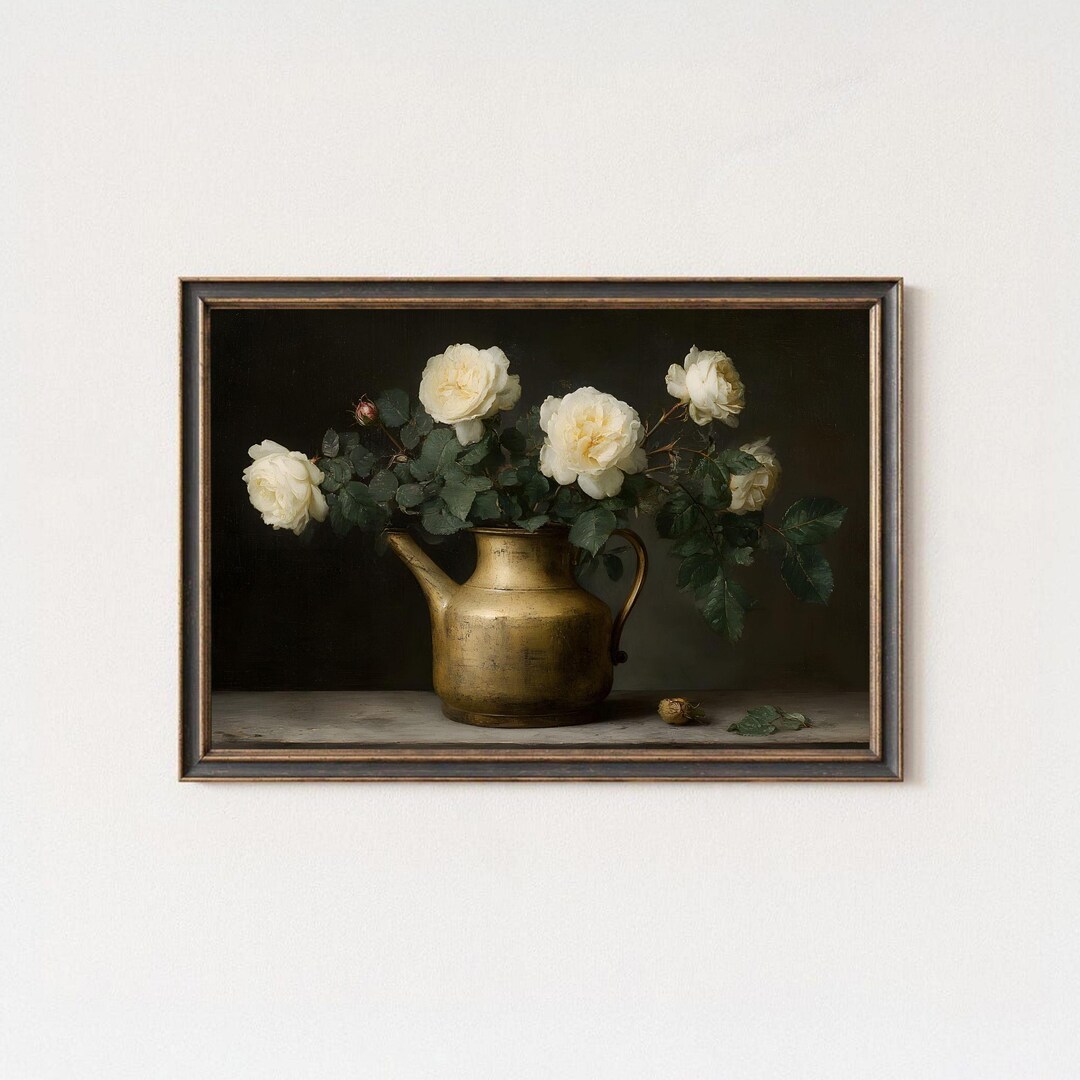 Vintage White Roses Golden Pitcher Oil Painting, Floral Still Life ...