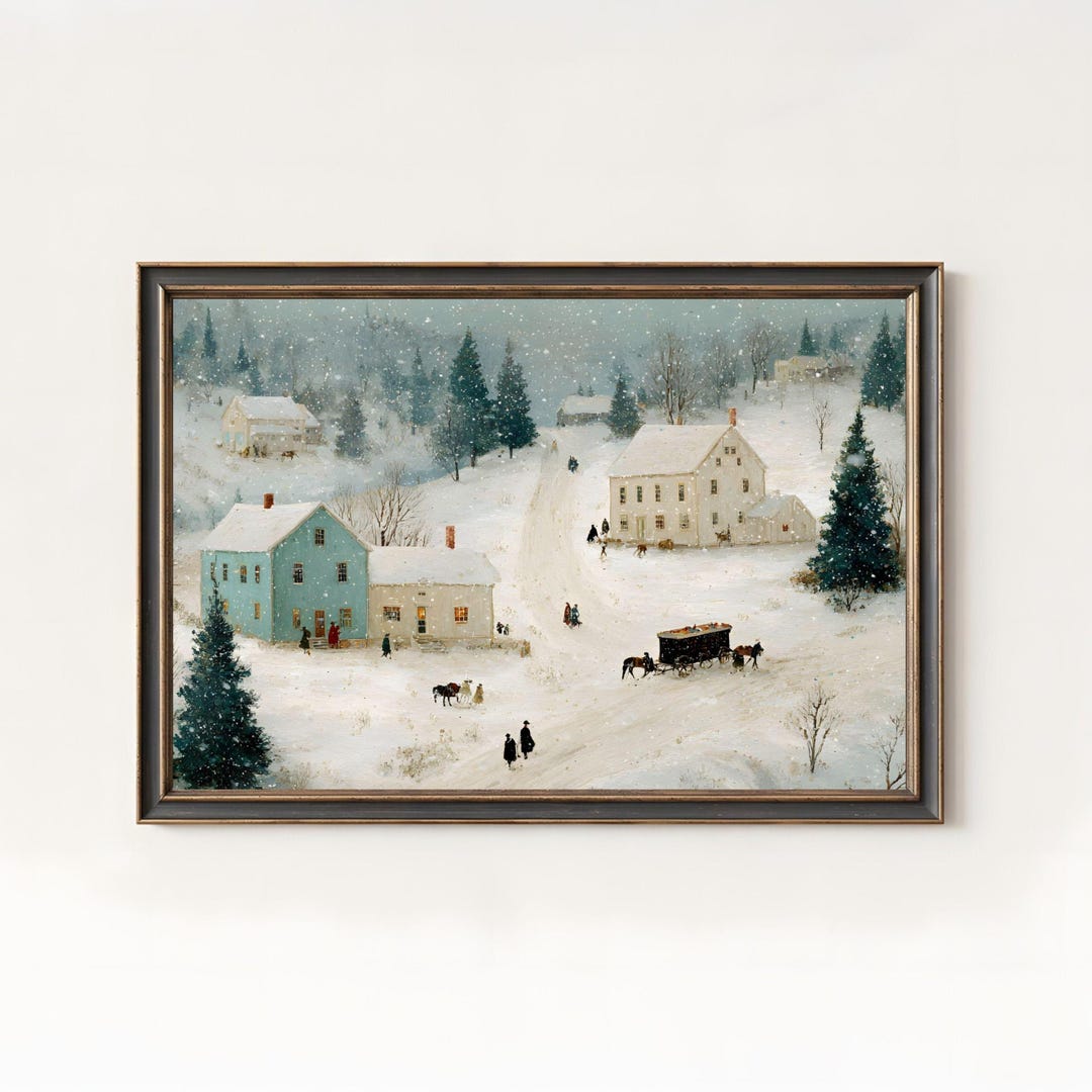 Vintage Snowy Village Folk Art Print, Colonial Winter Scene (digital ...