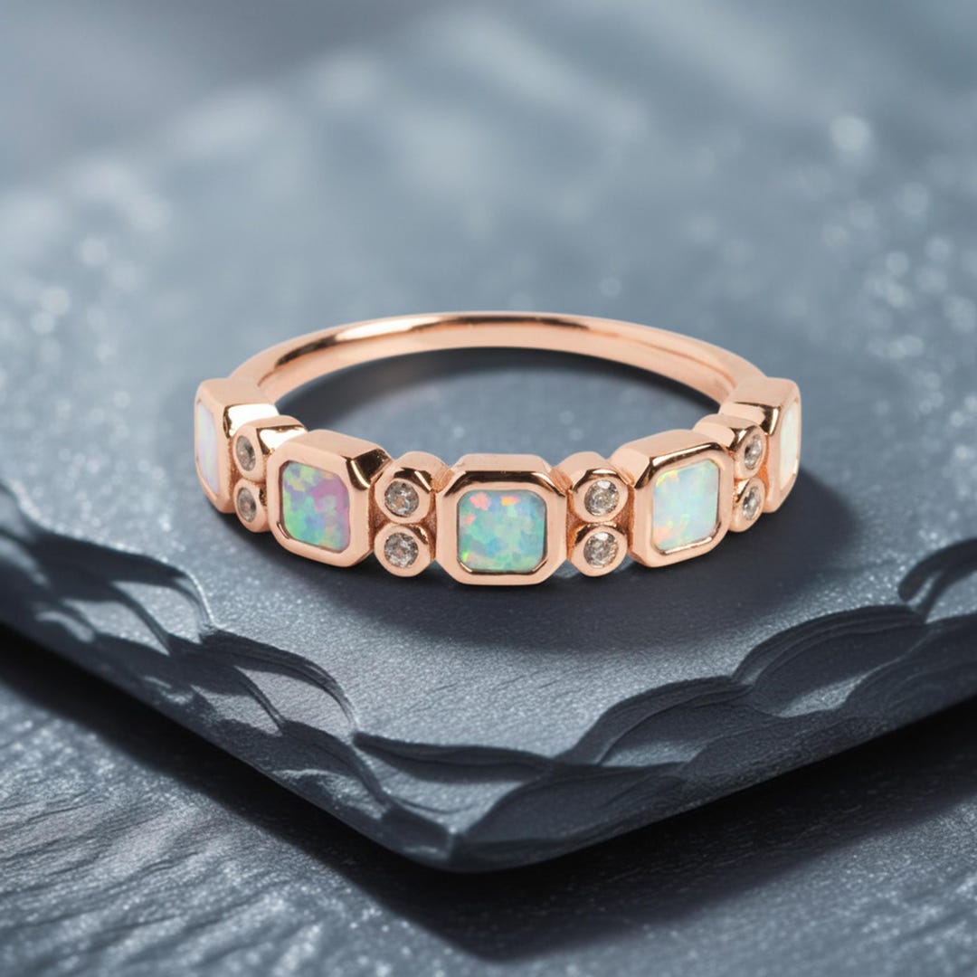 18K Gold Opal Ring Dainty Square Shape Opal Ring October Birthstone ...