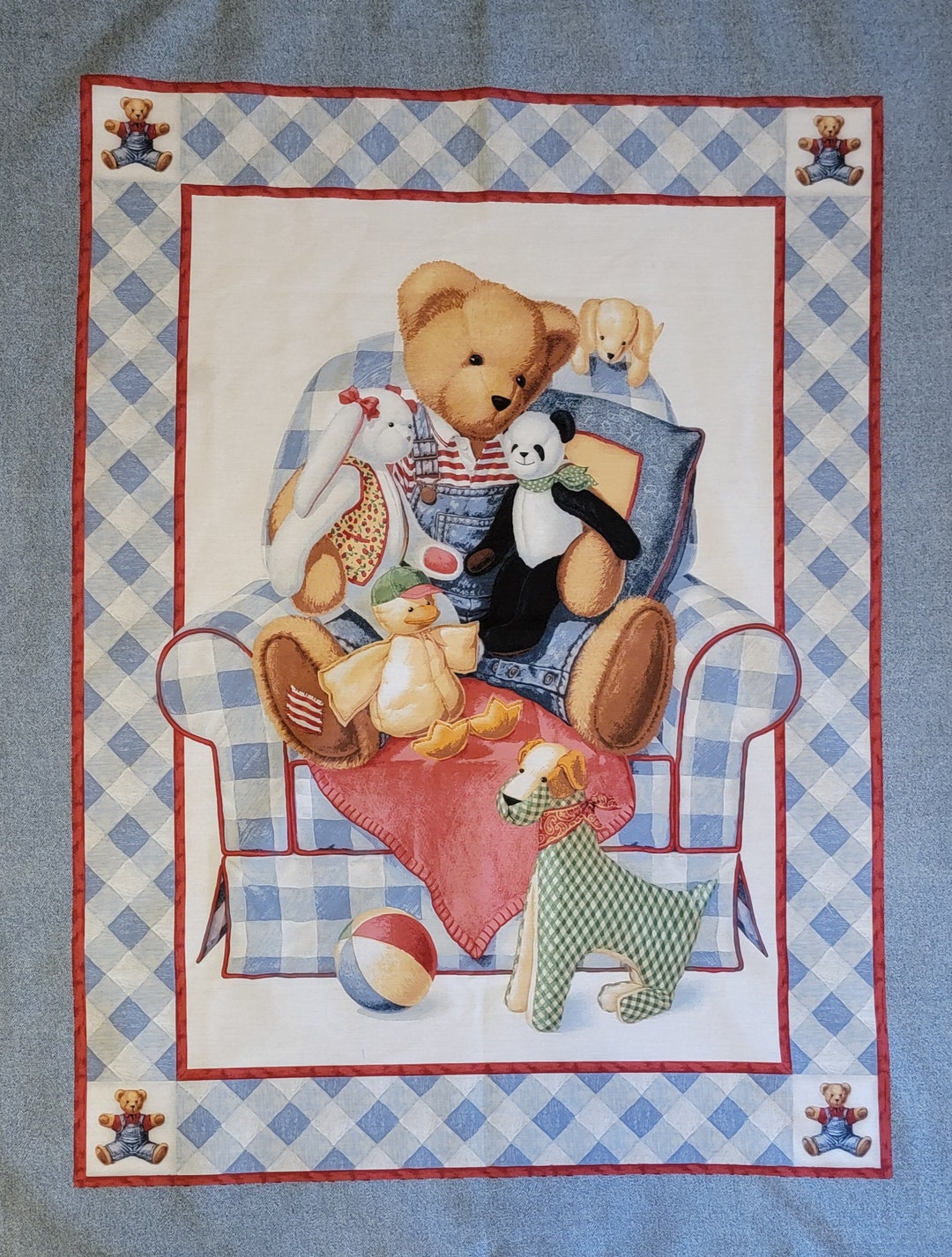 Cotton Fabric BLUE JEAN Teddy BEAR Chair Bear Quilt Fabric Panel ...