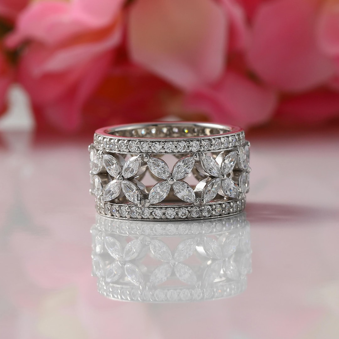 Lab Diamond Flower Eternity Band, 14K White Gold Anniversary Ring - Etsy