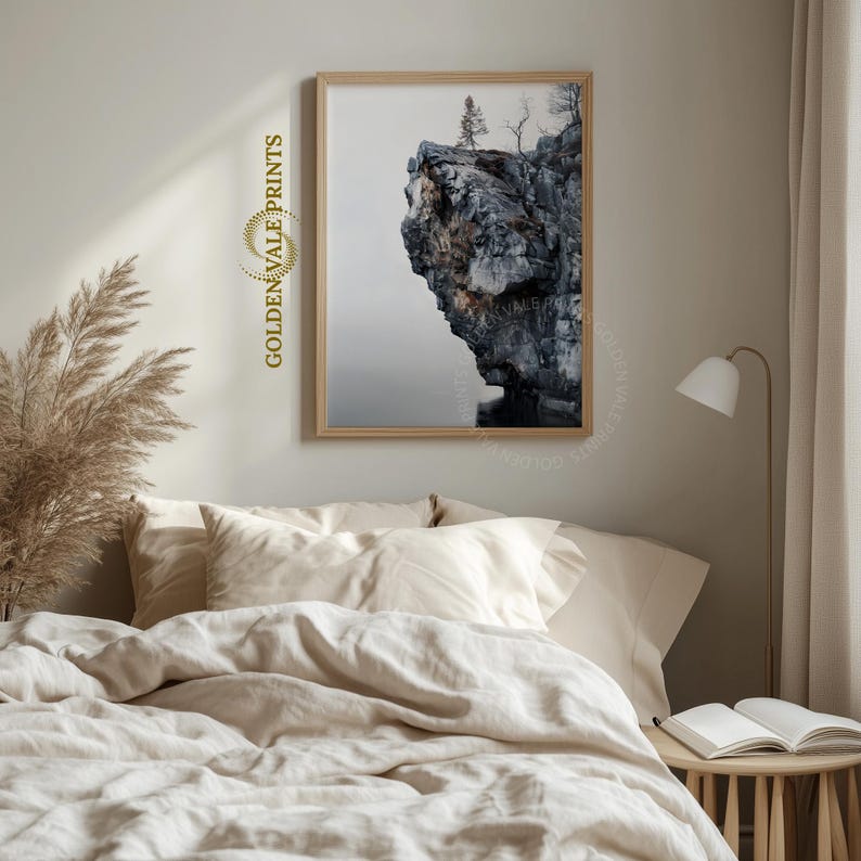 Landscape Wall Art Grey Cliffside Tree Living Room Decor Digital ...