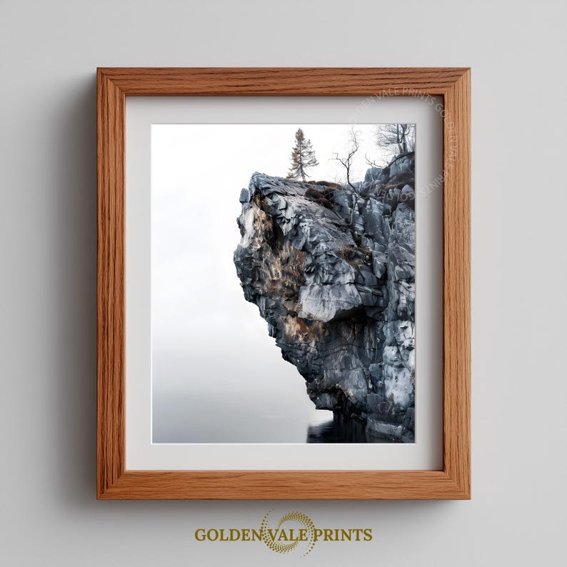 Landscape Wall Art Grey Cliffside Tree Living Room Decor Digital ...