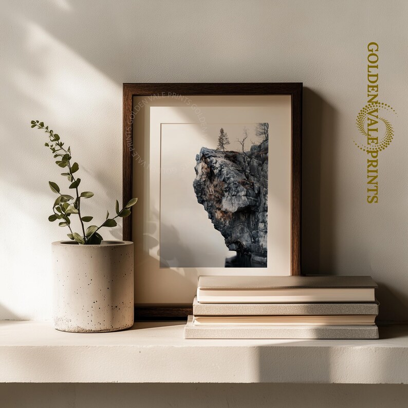 Landscape Wall Art Grey Cliffside Tree Living Room Decor Digital ...