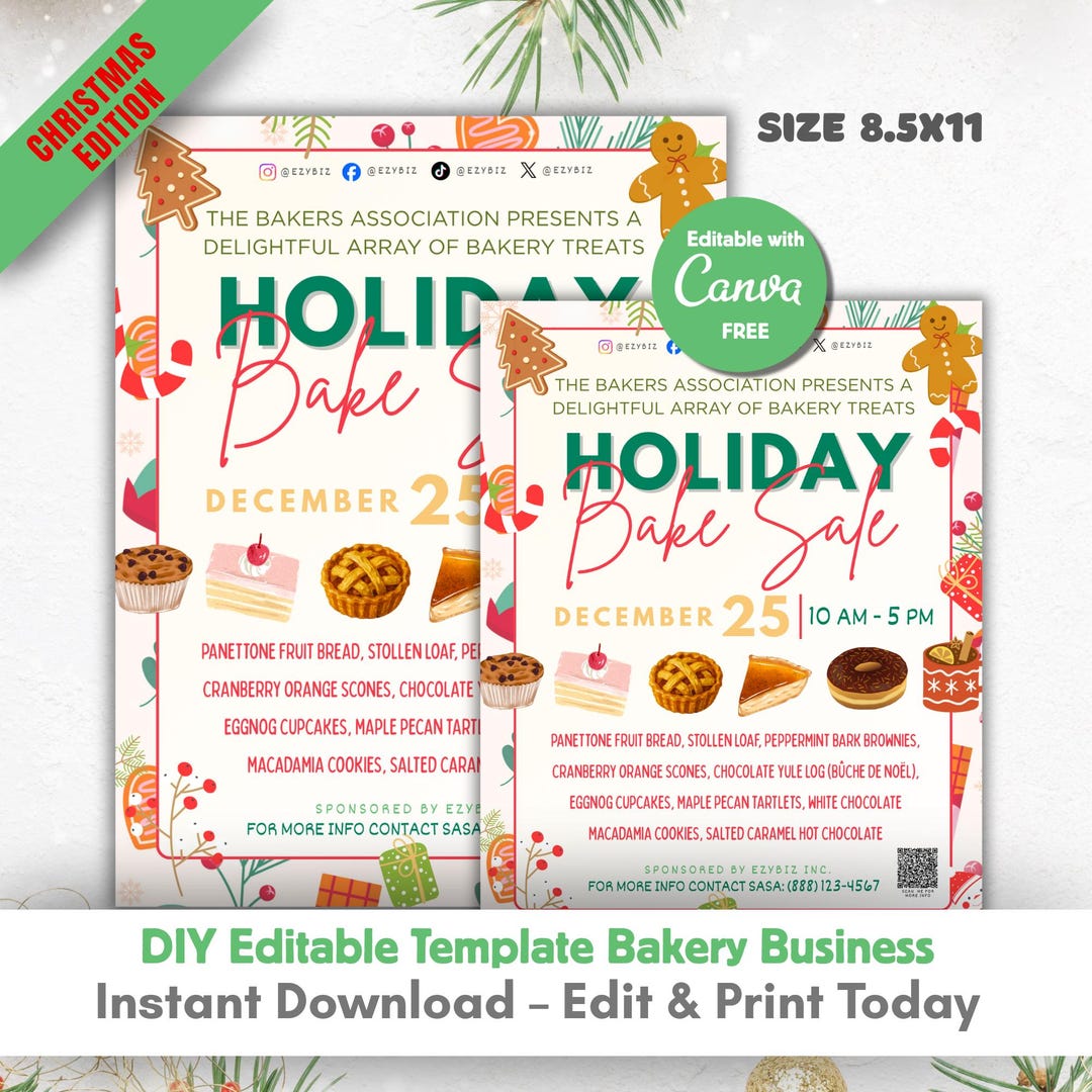 Editable Holiday Bake Sale Flyer Template | Christmas Bakery Poster ...