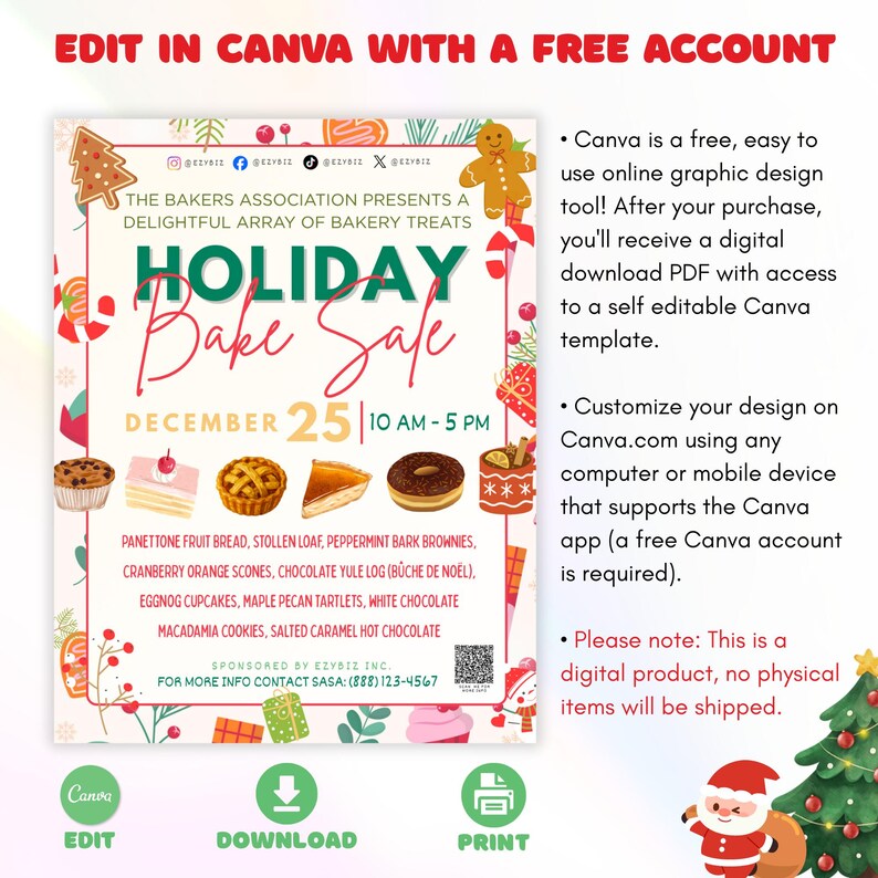 Editable Holiday Bake Sale Flyer Template | Christmas Bakery Poster ...