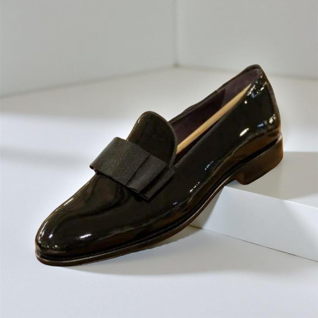 Handmade Black Patent Leather Loafers: Men's Formal Bow Slip-ons - Etsy