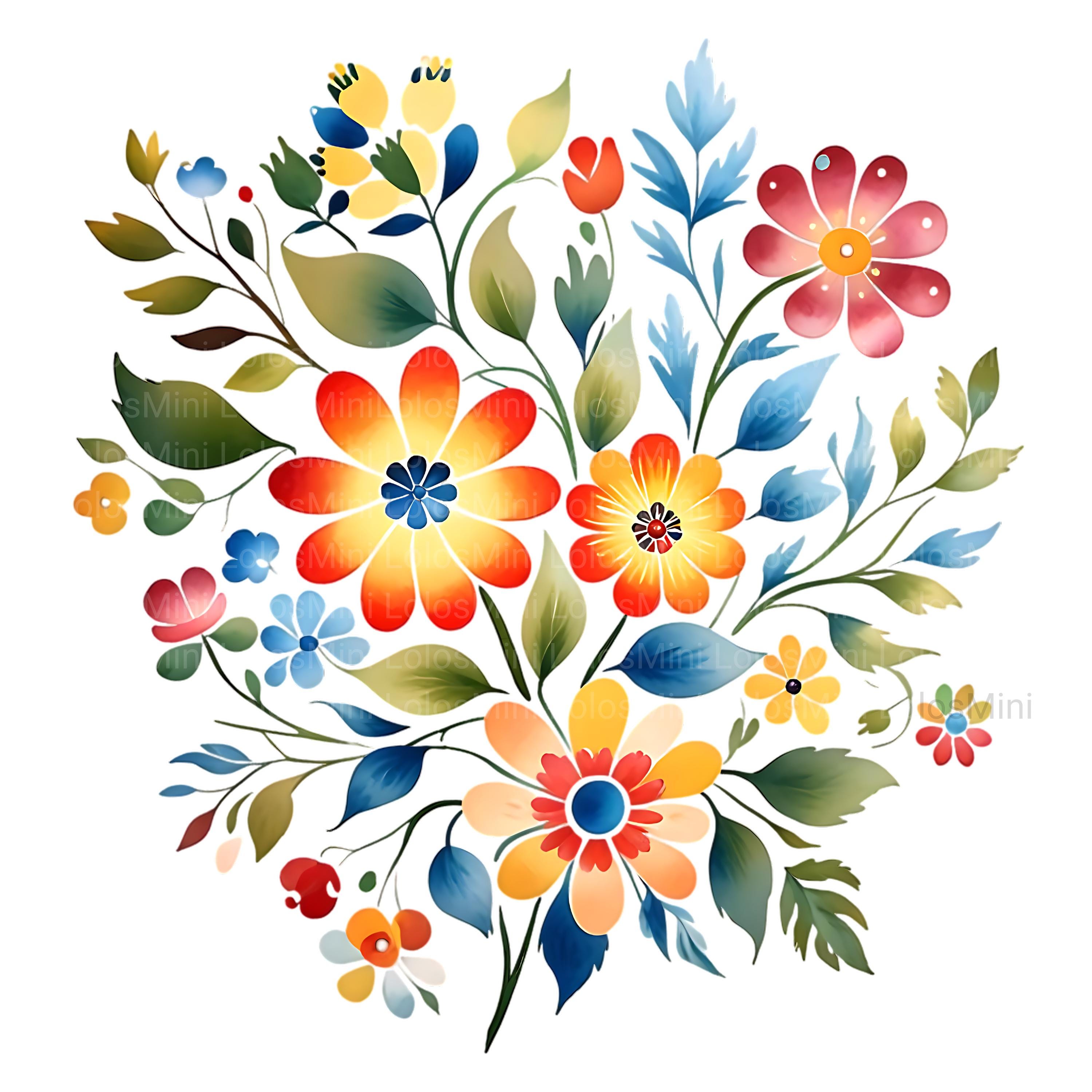 Watercolor Mexican Folk Art Flowers Clipart: Vibrant Floral Pngs ...