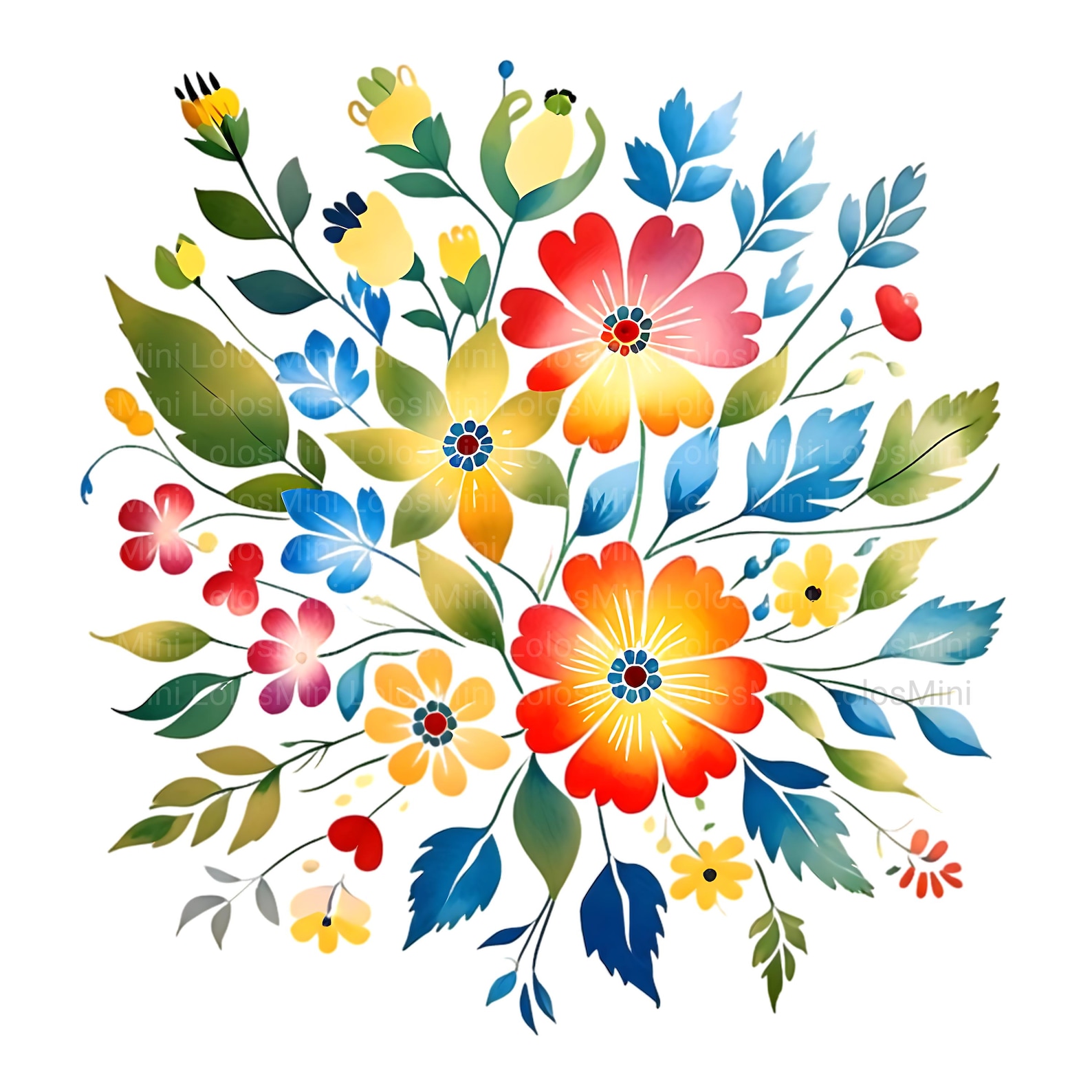 Watercolor Mexican Folk Art Flowers Clipart: Vibrant Floral Pngs ...