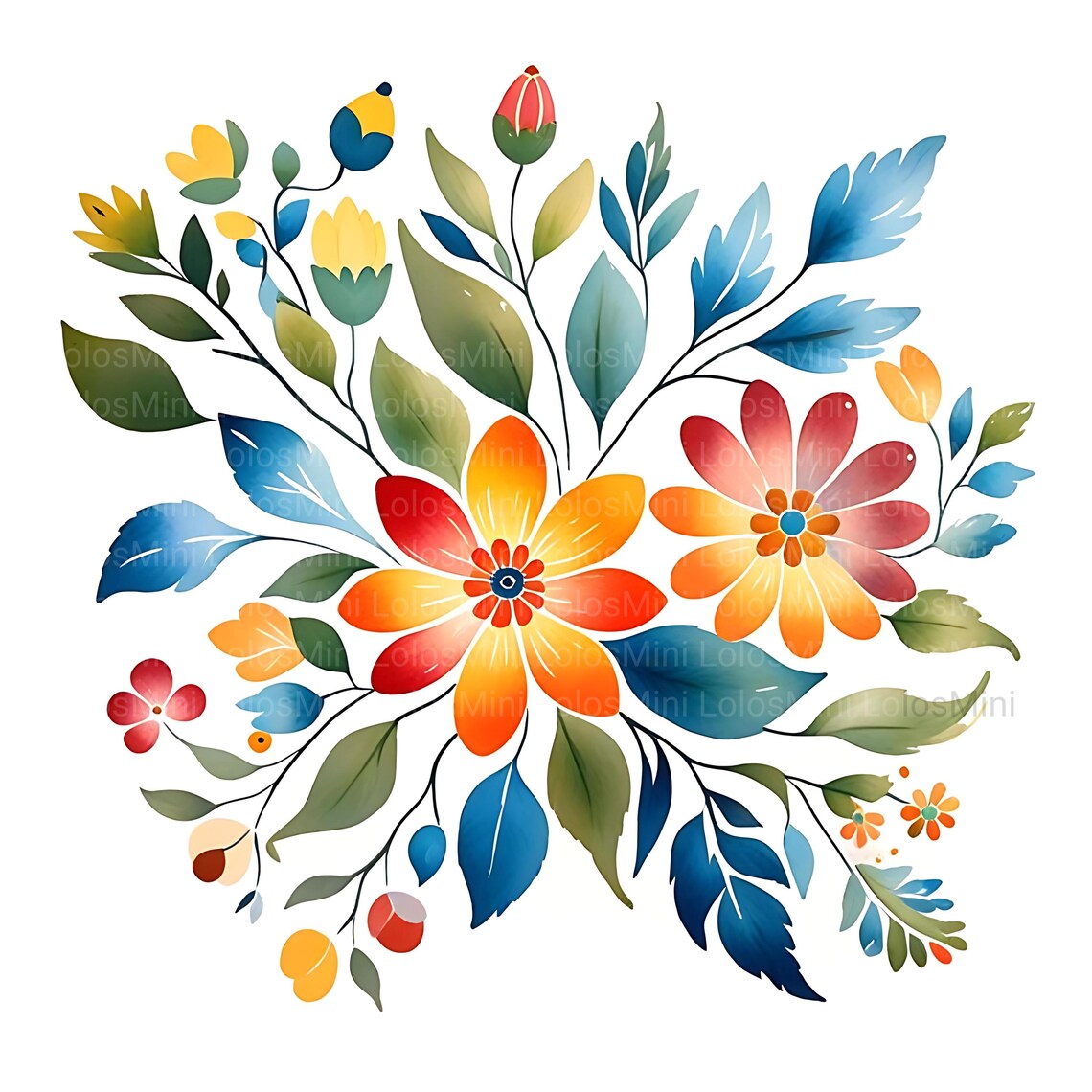Watercolor Mexican Folk Art Flowers Clipart: Vibrant Floral Pngs ...