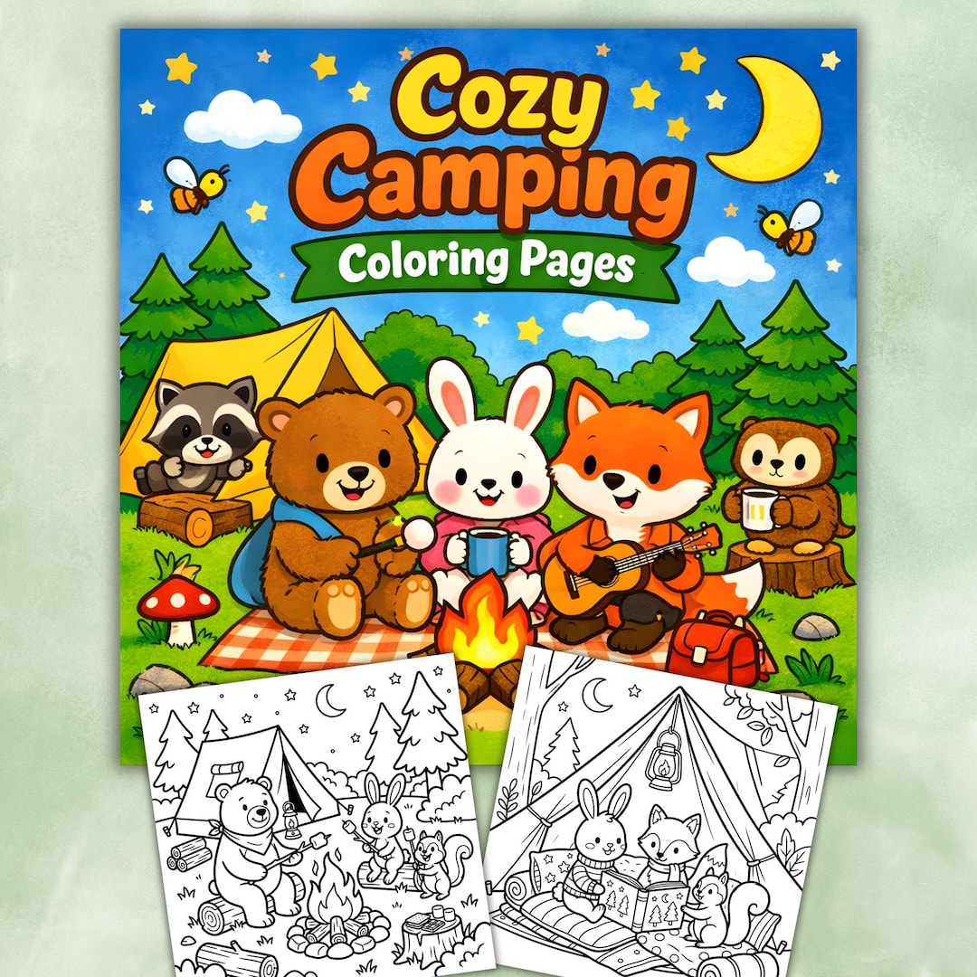 Cozy Camping Coloring Pages, Cute Animals Printable Coloring Book for ...