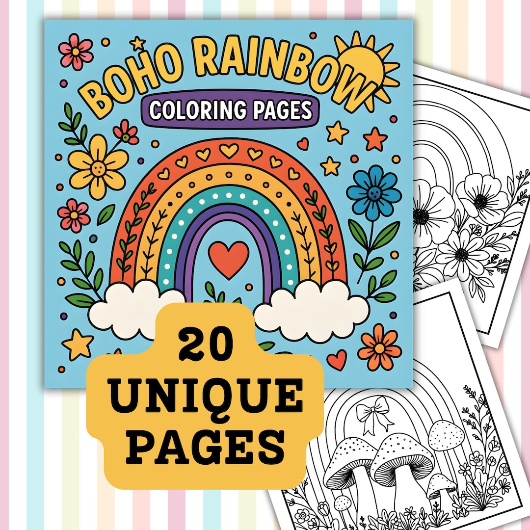Boho Rainbow Coloring Pages, Flowers, Stars, Hearts (PDF) - Etsy