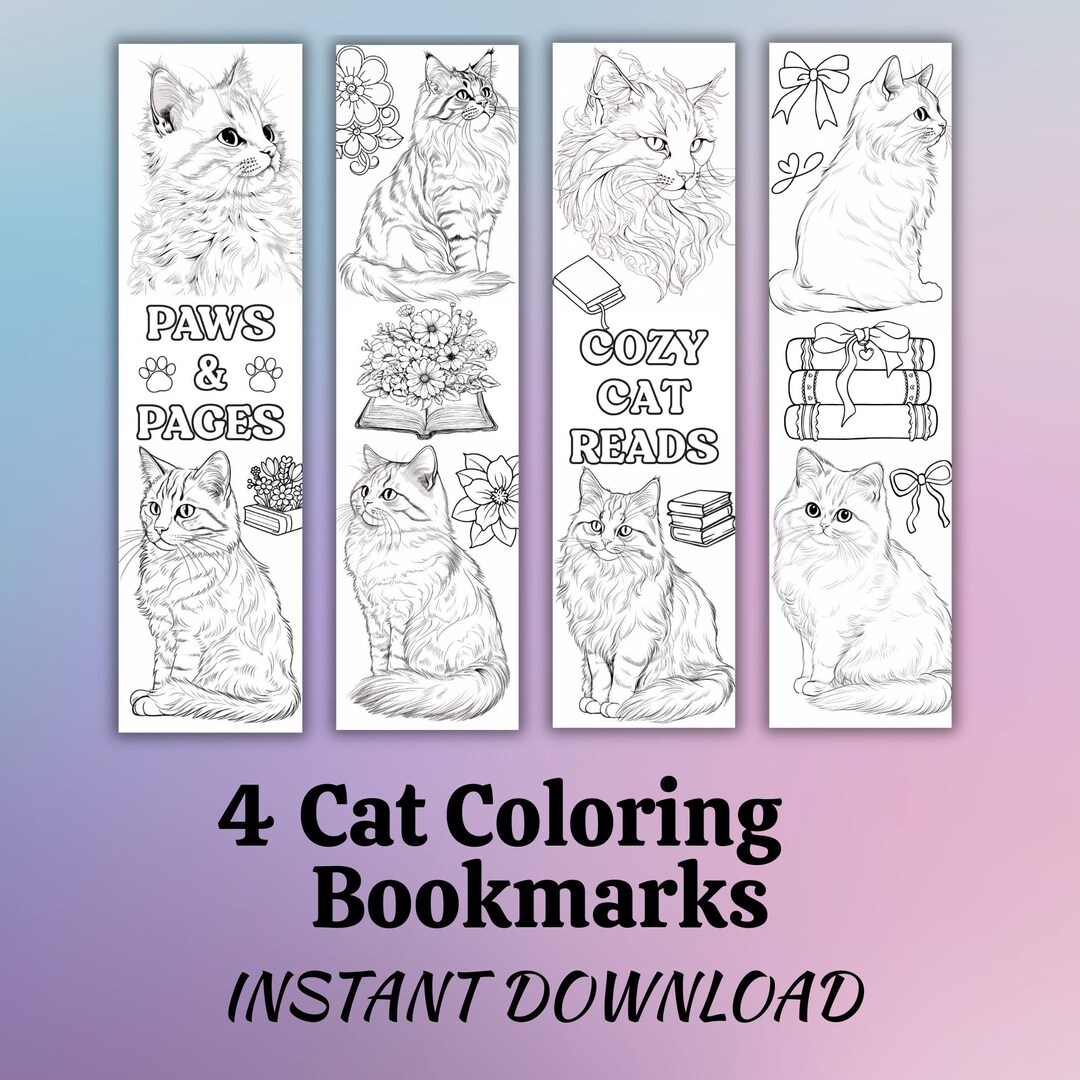 Cat Coloring Bookmarks, Printable Cat Bookmark, Book Lover Gift ...