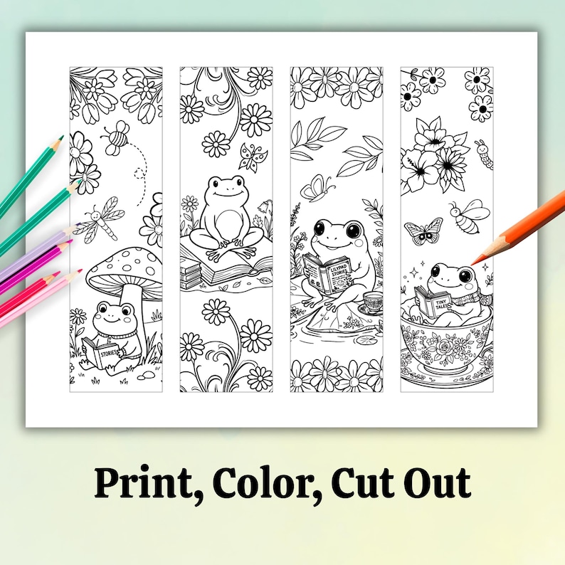 Cute Frog Bookmarks to Color, Printable Cottagecore Coloring Bookmarks ...