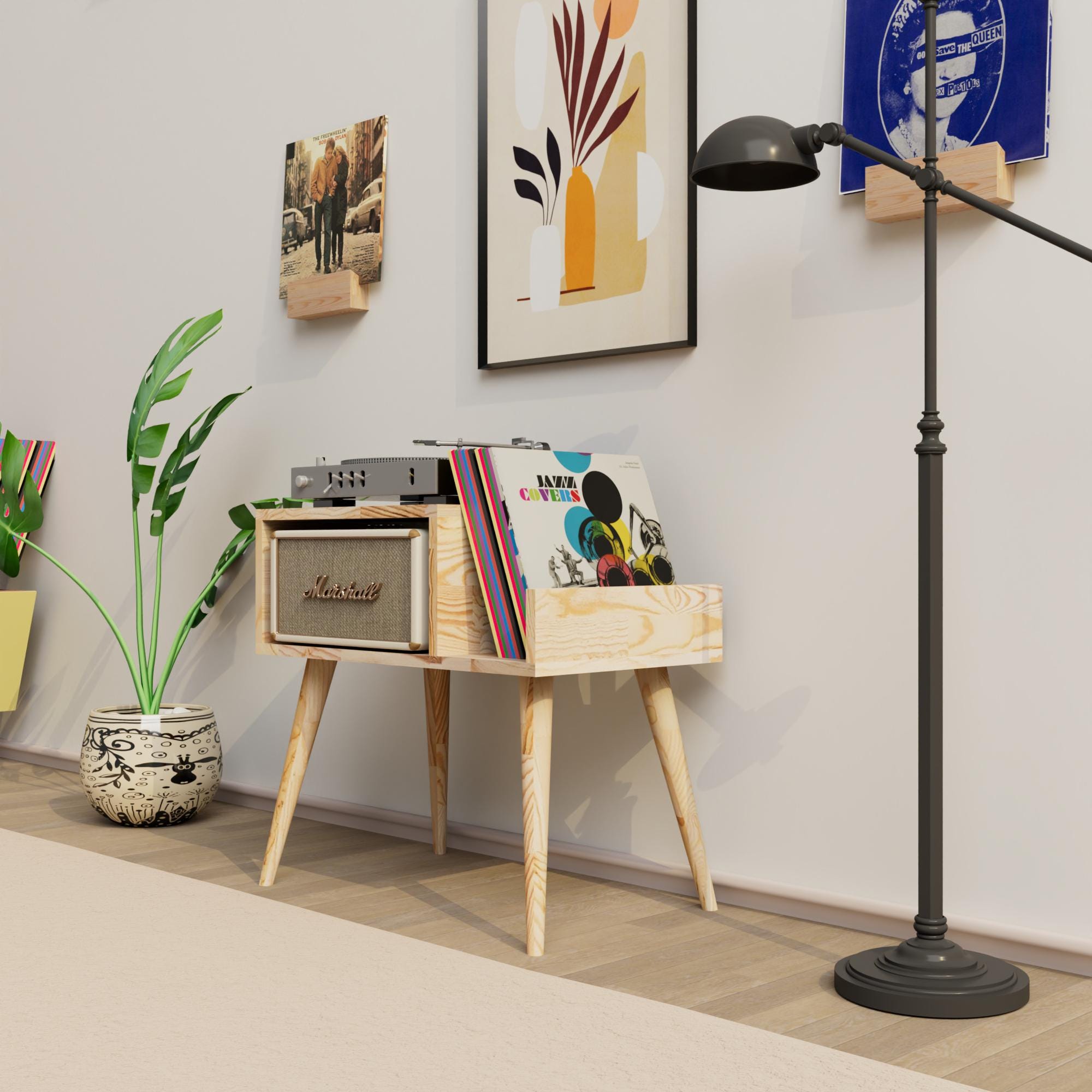 Record Player Stand With Vinyl Storage, Mid Century Modern Turntable ...