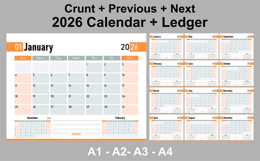 2026 Printable Calendar With Ledger: Minimalist Monthly Planner (A1-A4 ...