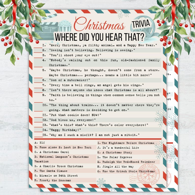 Christmas Movie Trivia Game Printable | Xmas Movie Quotes Quiz ...