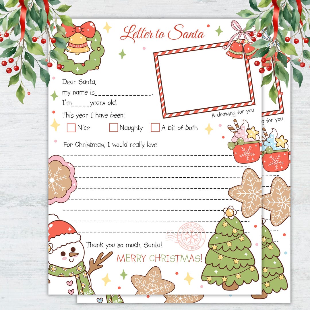 Printable Letter to Santa Template, Christmas Wish List for Kids, Cute ...