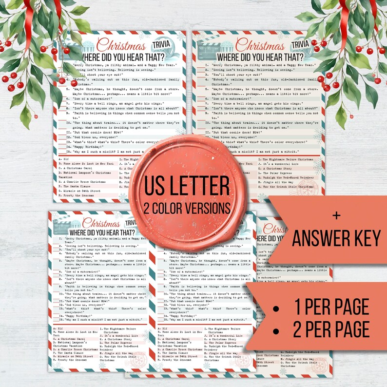 Christmas Movie Trivia Game | Holiday Quotes Quiz (PDF) - Etsy