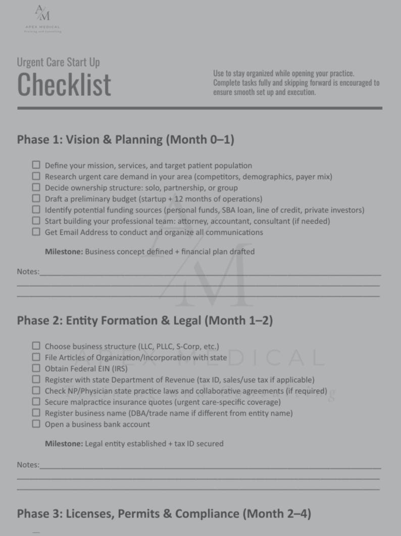 Urgent Care Start up Checklist - Etsy