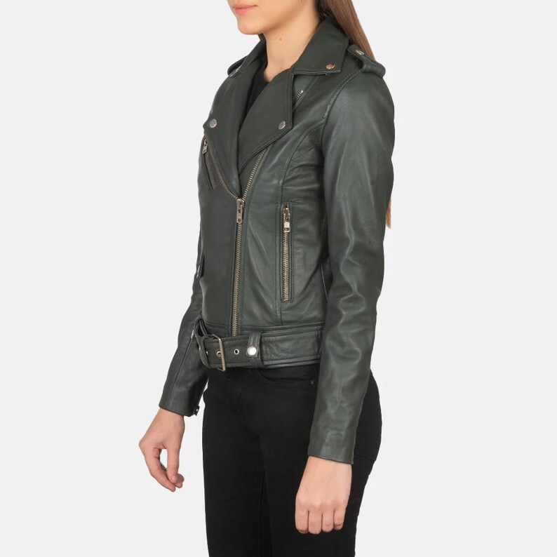 Alison Green Leather Biker Jacket - Handmade Lambskin Motorcycle Jacket ...