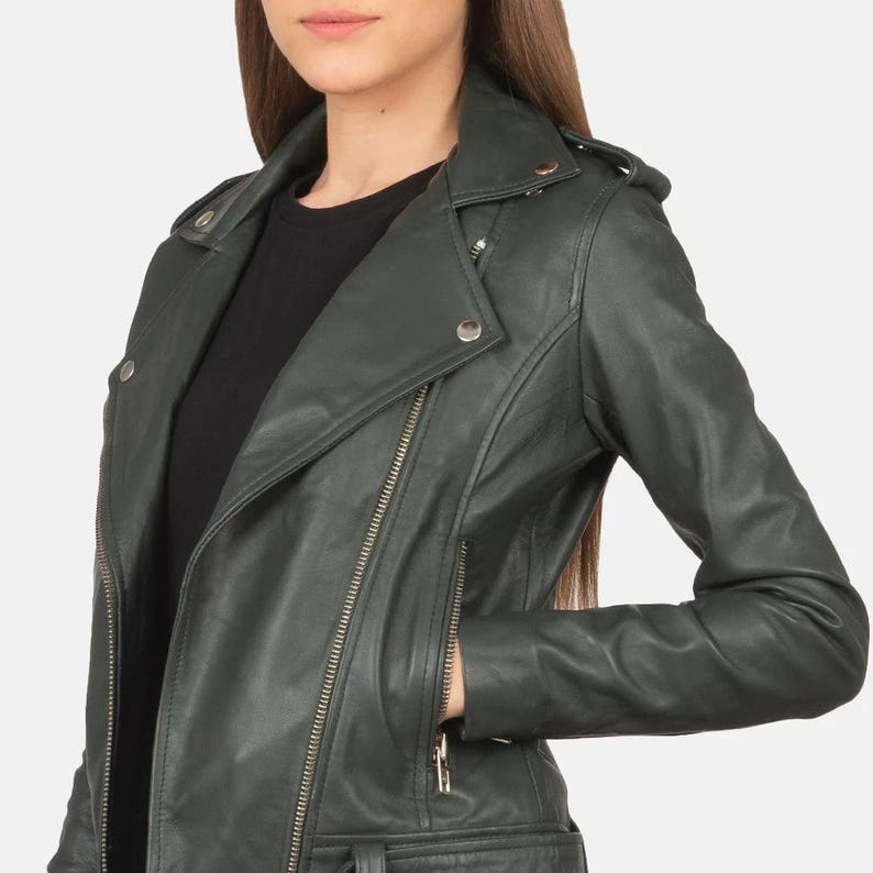 Alison Green Leather Biker Jacket - Handmade Lambskin Motorcycle Jacket ...