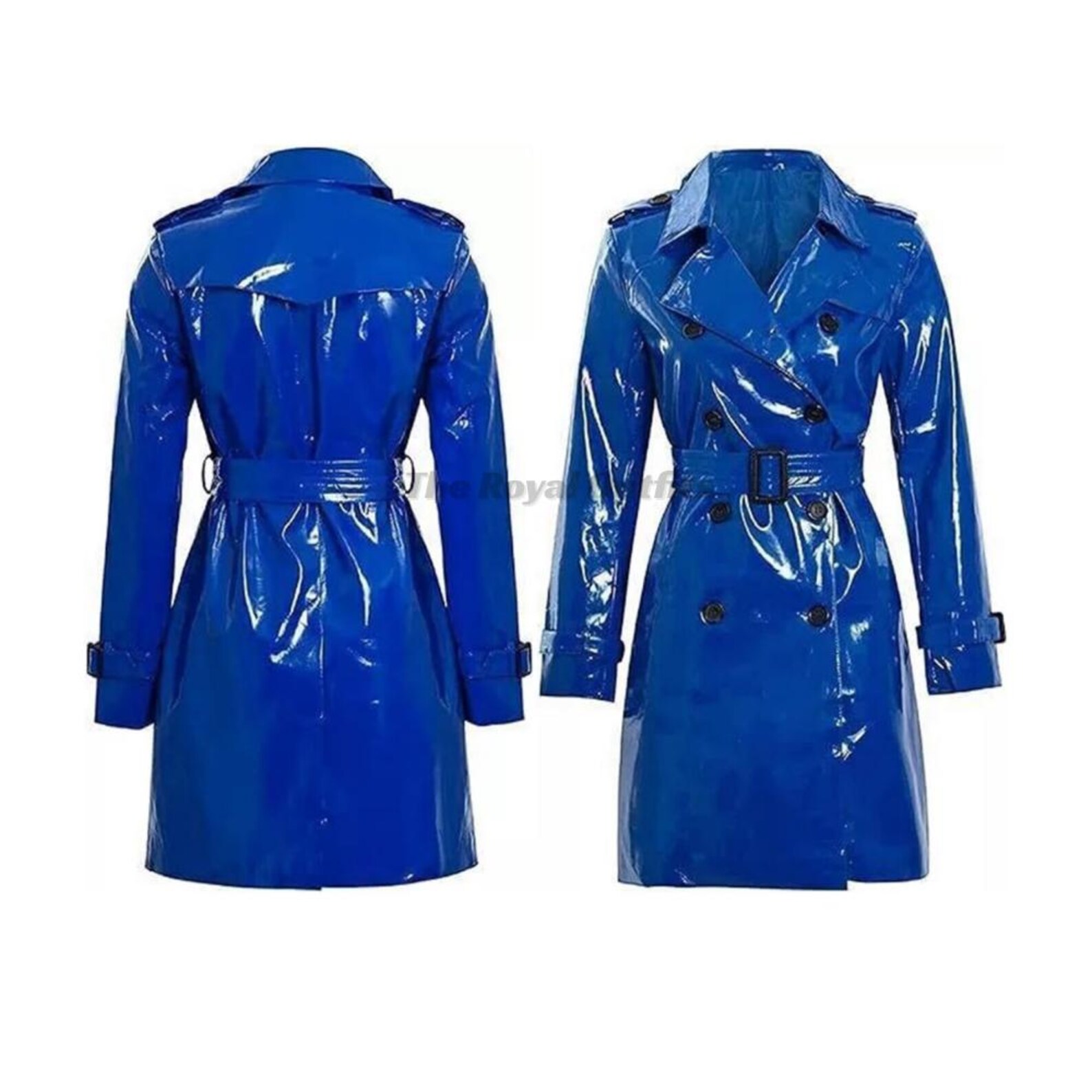 Handmade Vinyl Gothic Trench Coat | Shiny Blue Faux Leather | Belted ...