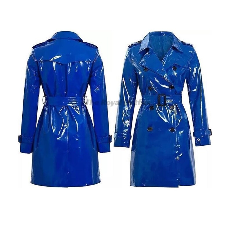 Handmade Vinyl Gothic Trench Coat | Shiny Blue Faux Leather | Belted ...