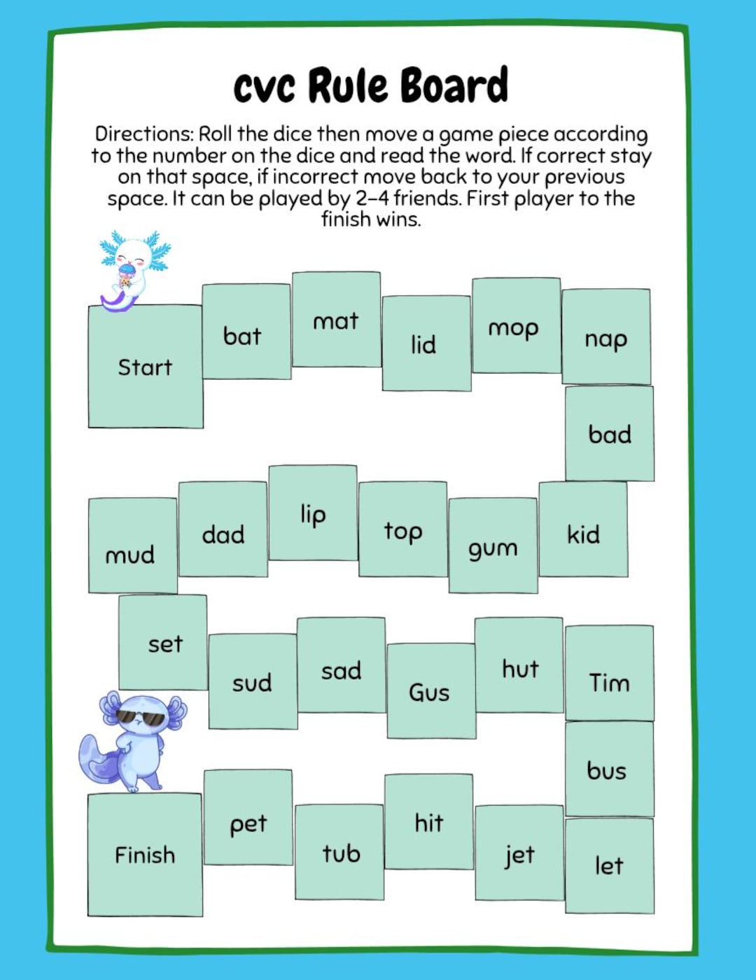 Axolotl Phonics Board Game: CVC, CK, Floss Rule Practice (PDF) - Etsy