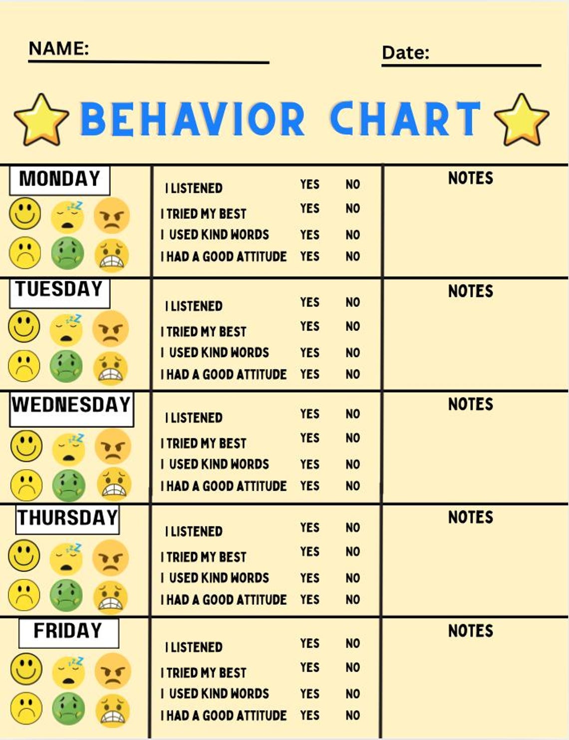 Weekly Behavior Chart - Etsy