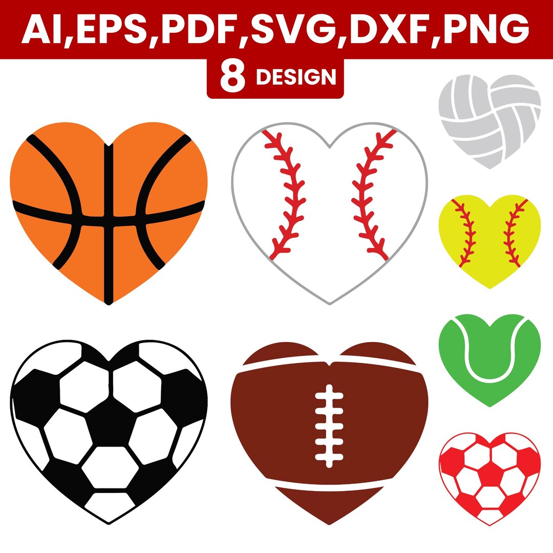 Sports Ball Heart SVG Bundle (8) | Basketball Baseball Football Soccer ...