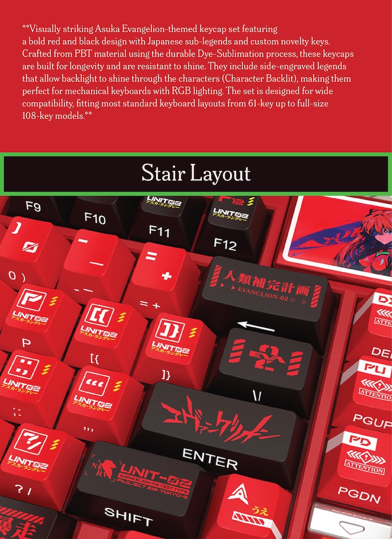Evangelion Asuka Unit-02 Keycap Set 125 Keycaps | Red Premium PBT Dye ...