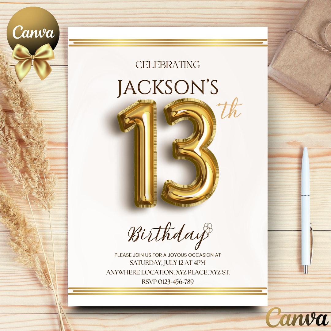 Editable 13th Birthday Invitation, Golden and White Invitation Template ...