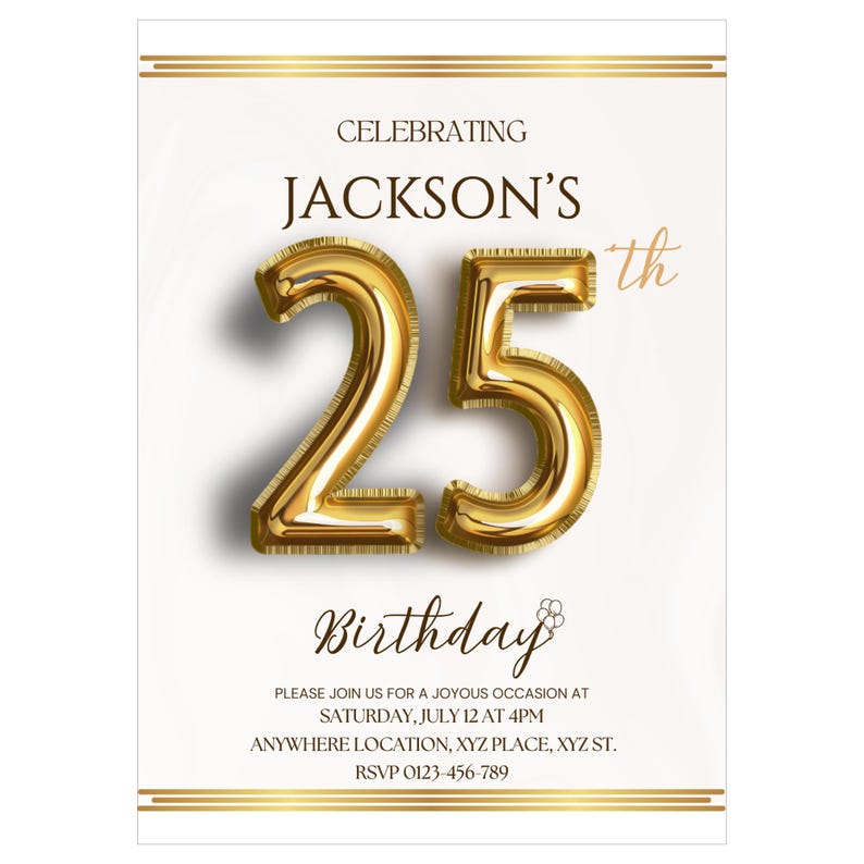 Editable 25th Birthday Invitation, Golden and White Invitation Template ...
