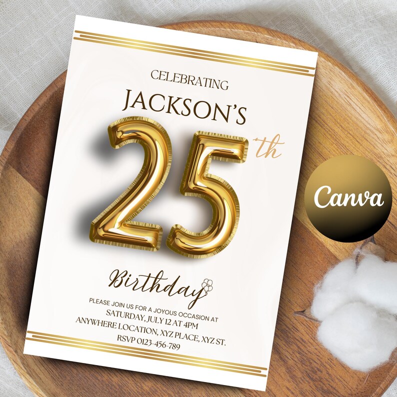 Editable 25th Birthday Invitation, Golden and White Invitation Template ...
