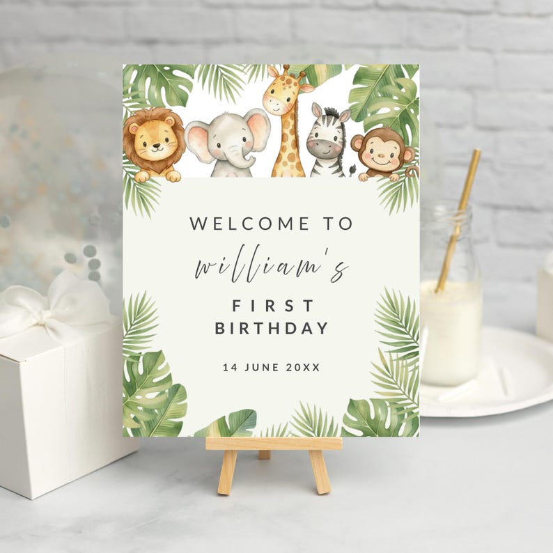 Wild One Birthday Welcome Sign, Watercolor Jungle Animals, Safari Party ...