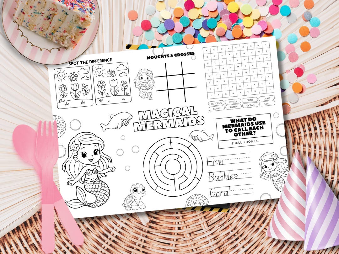 Mermaid Birthday Placemat, Kids Activity Coloring Page (PDF) - Etsy