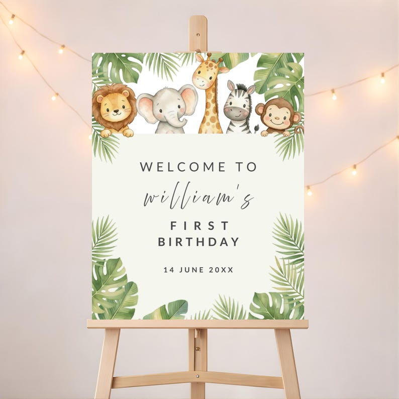 Wild One Birthday Welcome Sign, Watercolor Jungle Animals, Safari Party ...