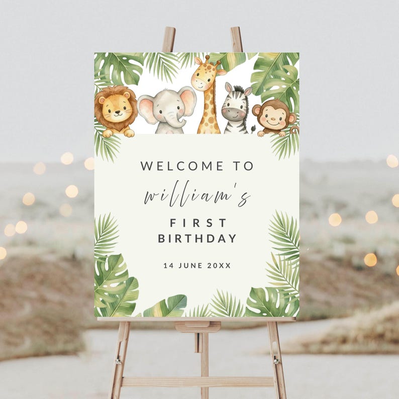Wild One Birthday Welcome Sign, Watercolor Jungle Animals, Safari Party ...