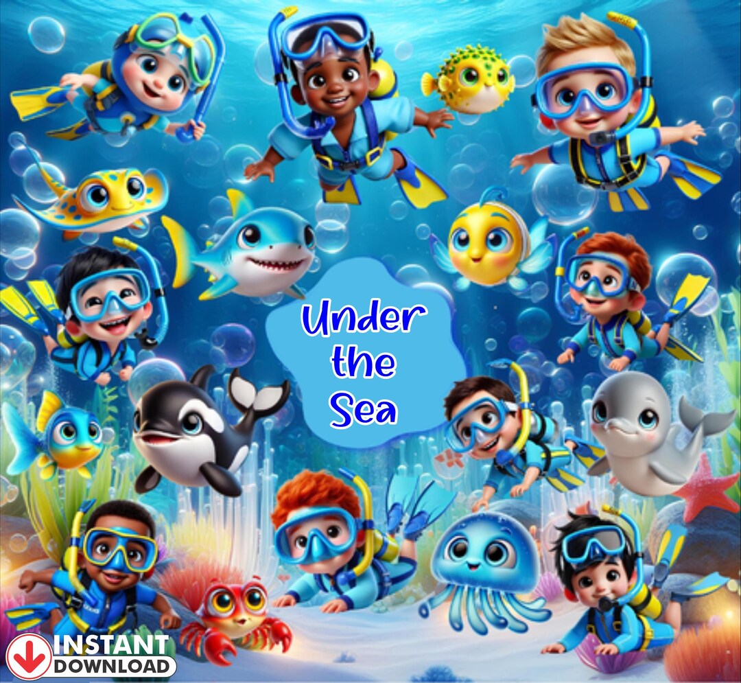 Underwater Boys 3D Clipart Bundle – 95 PNG+ Marine Animals & Scuba ...