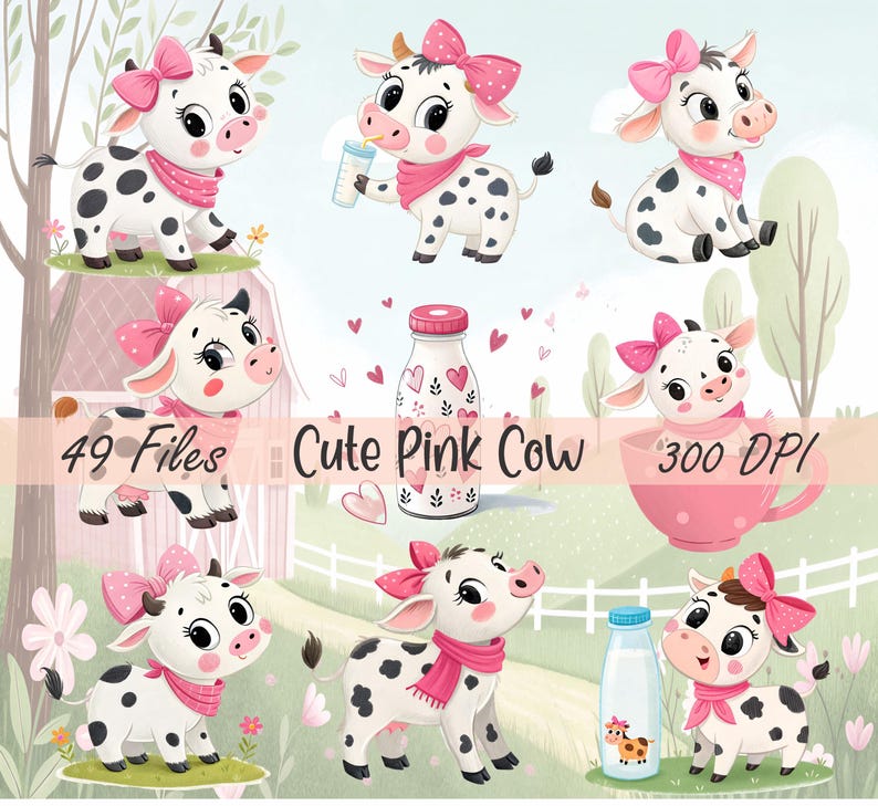 Cute Pink Cow Clipart Pack in Watercolor, Cute Cow - Download PNG Files ...