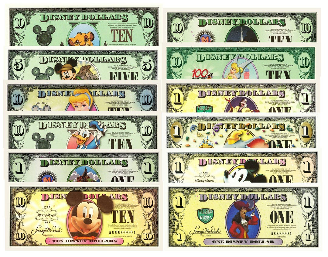 Disney Dollars - 12 Pieces - Collectible Banknotes - Home Decor for ...