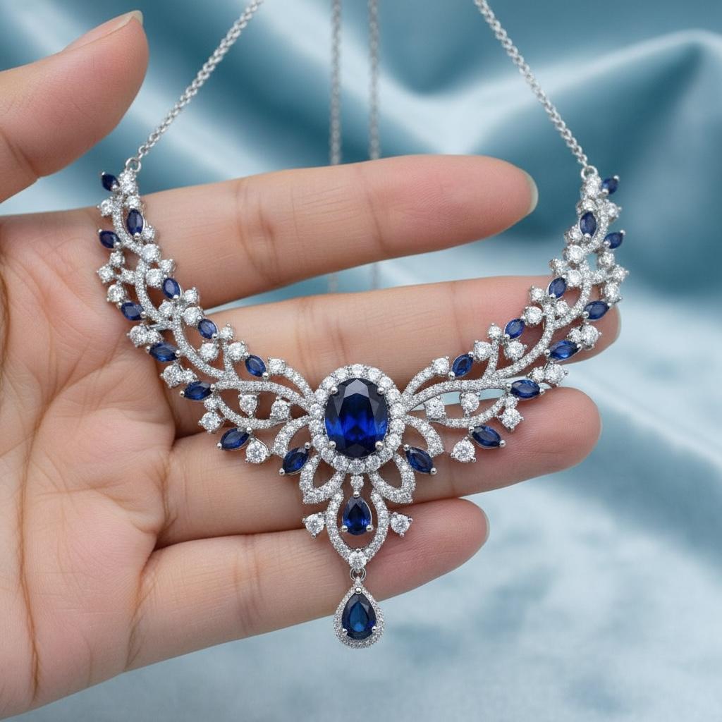 925 Silver Royal Blue Sapphire With Diamond Necklace, Indian Wedding ...