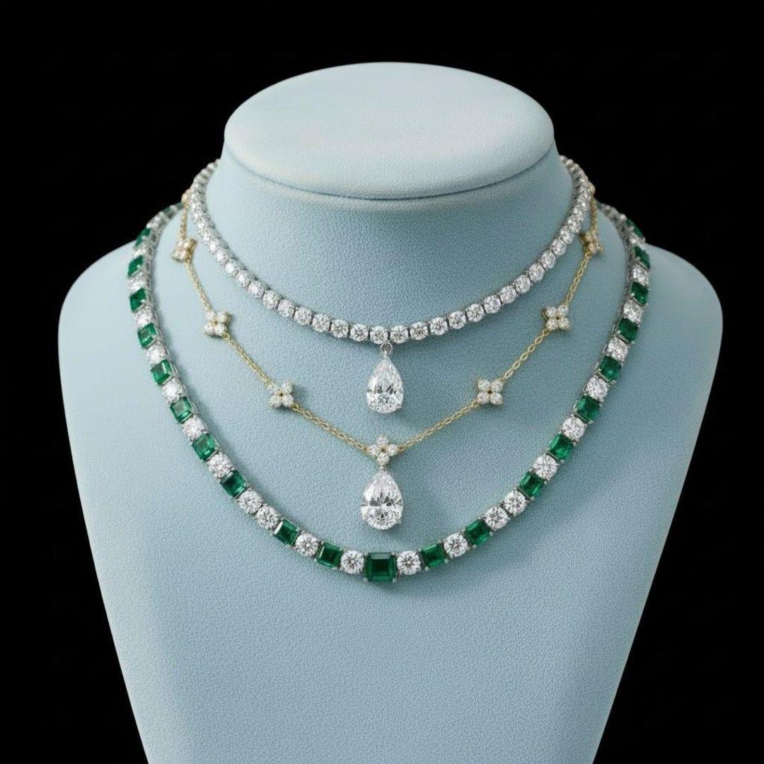 Layered Emerald With Diamond Necklace Set, Gold Plated Elegant Wedding ...