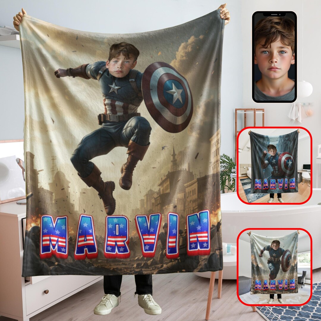 Custom Captain America Blanket With Face, Custom Photo Captain America ...